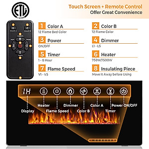 ORALNER Electric Fireplace 30 Inch, Recessed & Wall Mounted Fireplace Heater with 12 Flame Effects, 5 Brightness, Remote Control & 8H Timer, Overheating Protection, 750W/1500W, Black (30 Inches)