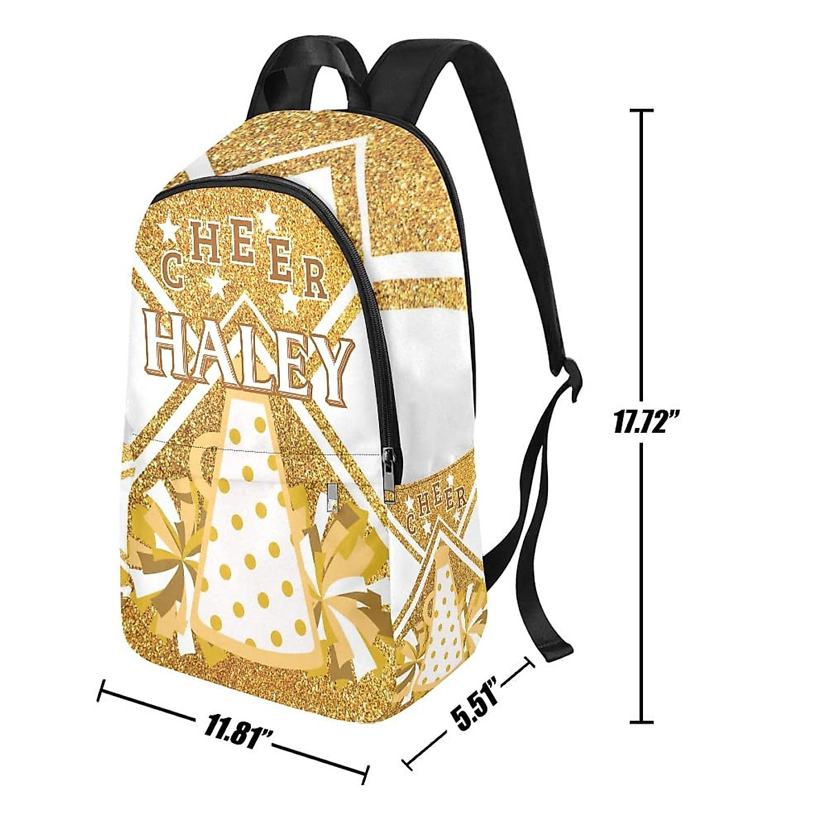 CUXWEOT Personalized Cheerleaders Cheer Gold Print Backpack with Name Custom Travel Daypack Bag for Man Woman Gifts