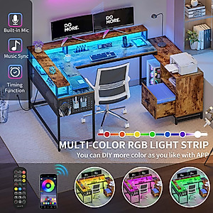 YITAHOME U Shaped Desk, L Shaped Desk with Drawers, Reversible Computer Desk with Power Outlets & LED Lights, Corner Desk Office Desk with Monitor Stand & Storage Shelves, Rustic Brown