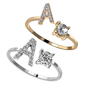 RINHOO 2PC/Set Initial Letter Alphabet Knuckle Rings A-Z Silver and Gold Crystal Adjustable Finger Ring for Women Jewelry ((gold+silver) A)