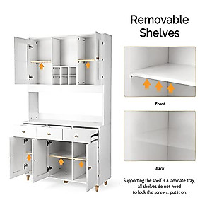 VOWNER 71" Traditional Freestanding Kitchen Pantry Storage Cabinet, Pantry Cabinet with 3 Drawers and 5 Storage Cabinets, White