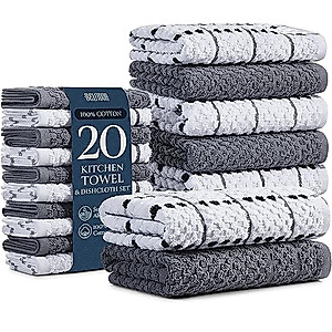 20-Piece Kitchen Towels And Dishcloths Sets - 100% Cotton Terry Dish Towels For Kitchen - Absorbent & Quick Drying Hand Towels- Super Soft & Scretch Free - 10 Towels 15"x25" + 10 Dish Cloths 12"x12"
