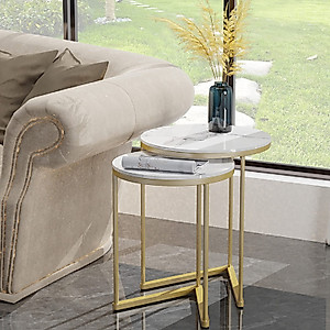 Wisfor Nesting Side Table Set of 2 Gold Marble Nesting Accent Table Set with Sintered Stone Desktop for Living Room