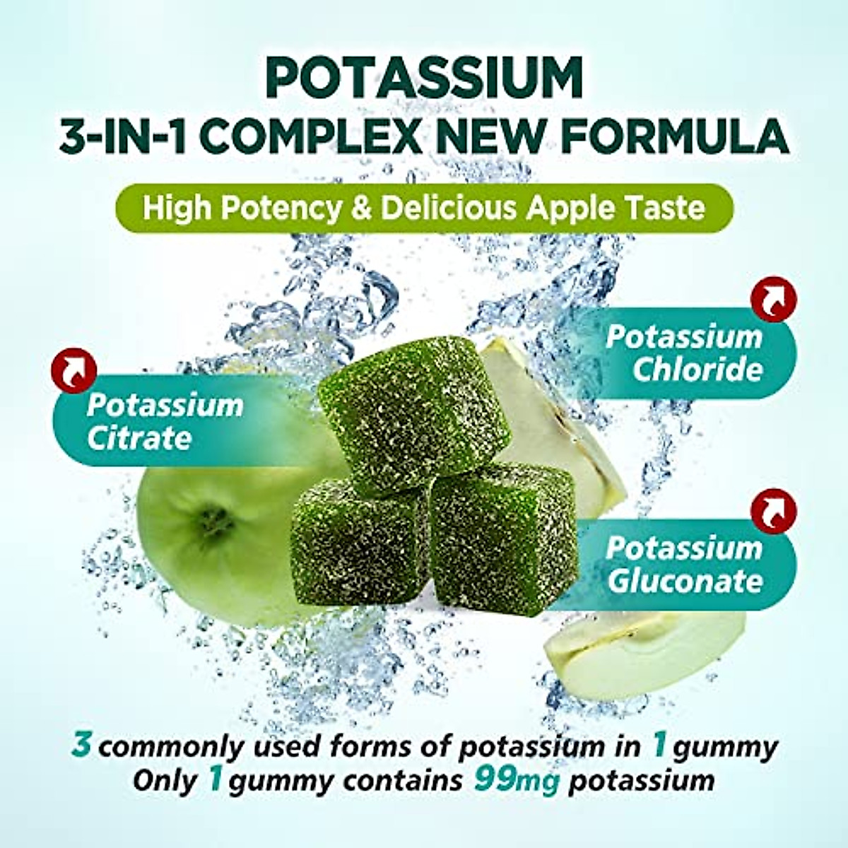Potassium 3 in 1 Complex Gummies Sugar Free, New Formula with 99mg Potassium Citrate, Potassium Chloride, Potassium Gluconate, Leg Cramps & Muscle Supplements, 120 Chewables