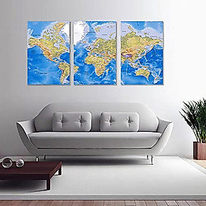 Blue World Map Wall Art Canvas Decor Poster for Office, Living Room, Home Bedroom Decoration 16"x24"x3 Pcs Framed