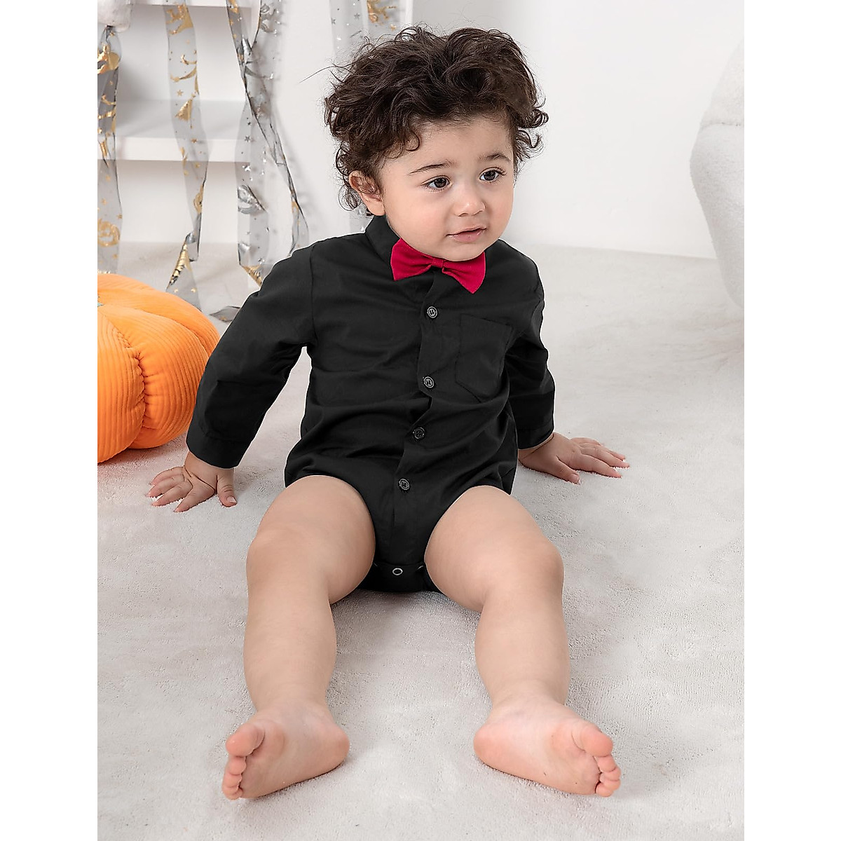 A&J DESIGN Baby Boy Button Down Shirt Infant Dress Bodysuit Gentlemen Long Sleeve One Piece Formal Rompers 12-18 Months Black
