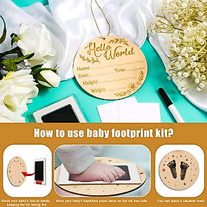 Baby Announcement Sign, 5.9 Inch Double Side Wooden Hello World Newborn Sign Baby Birth Announcement Sign Round Name Plaque with Ink Pad for Hospital Baby Nursery Photo Props