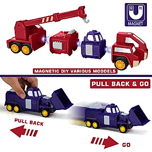 Bakatatoyz 5 in 1 Transform Robot Toy Car, Construction Toy for Boy Toddler Kid, 5 Pull Back Truck Assemble Into Robot Action Figure with Light & Sound, Magnetic Take Apart STEM Toys Birthday Gift