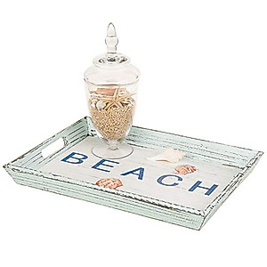 MyGift 16-inch Beach Theme Wooden Large Serving Tray with Handles, Decorative Whitewashed Blue Ottoman Tray for Living Room