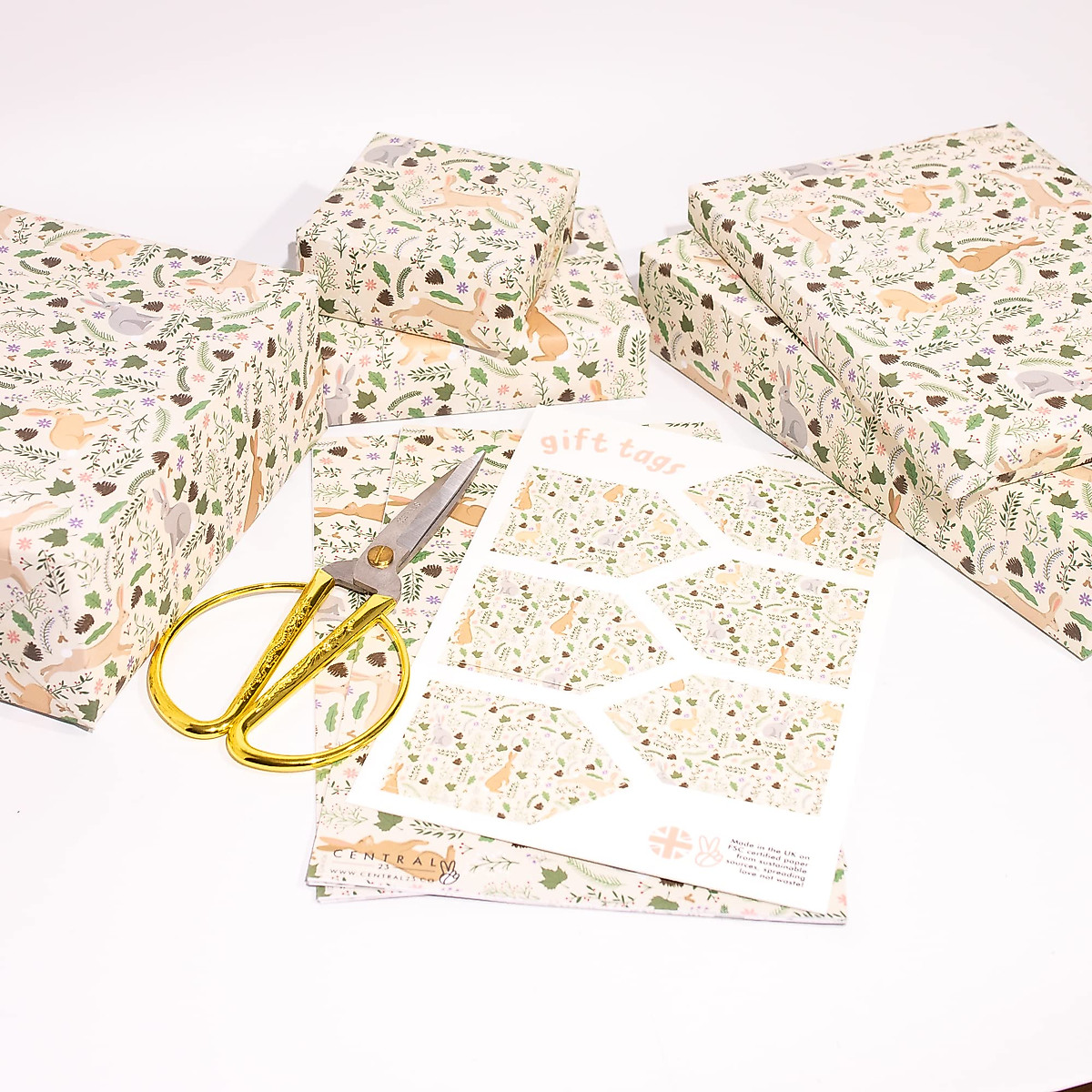 Cute Wrapping Paper - 6 Sheets of Birthday Gift Wrap - Cute Rabbits - Brown Wrapping Paper Sheets - For Girls Baby Shower - Animal Theme - Comes With Fun Stickers - By Central