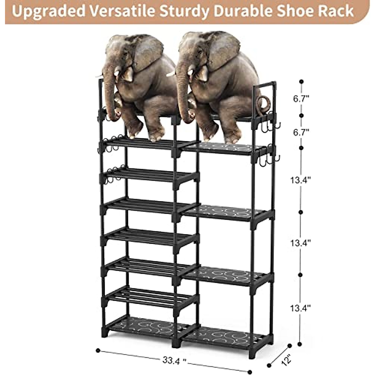 ROJASOP Shoe Rack Organizer, 8-Tier Metal Shoe Rack for Closet Entryway Garage, 26-32 Pairs Tall Shoe Boot Storage Shelf with 15 Hooks, Stackable Large Shoe Stand