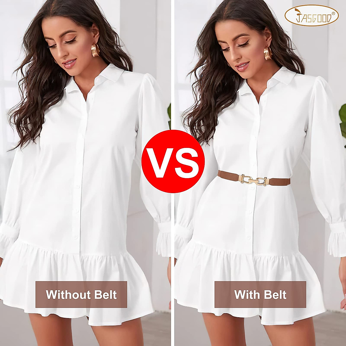 JASGOOD 3 Pack Women Stretchy Waist Belt Retro Elastic Skinny Belt for Ladies with Gold Buckle