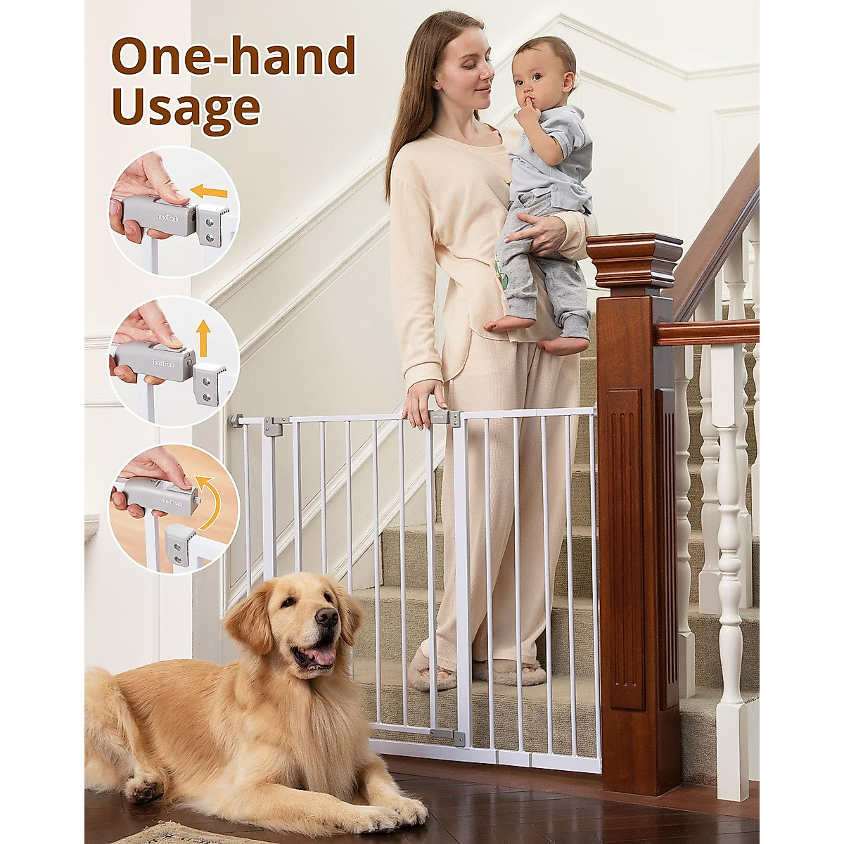 InnoTruth Extra Tall Baby Gate for Stairs and Doorways, 29" to 39.6" Width with 36" Height,Dog Gate for The House with Wall Pressure Mounted Frame, Auto Close Pet Gates for Toddler,Milk White