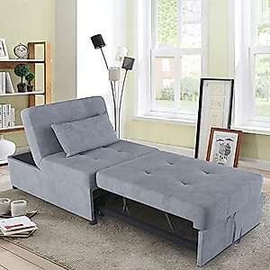Velvet Convertible Sofa Bed, 4 in 1 Multi-Function Folding Ottoman Lounge Chair, Modern Sleeper Bed Couch Guest Bed with Adjustable Backrest and Pillow for Living Room Small Room Apartment (Gray)