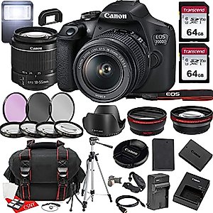 Canon EOS 2000D (Rebel T7) DSLR Camera w/18-55mm F/3.5-5.6 Zoom Lens + 2X 64GB Memory + Hood + Case + Filters + Tripod + More (35pc Bundle)