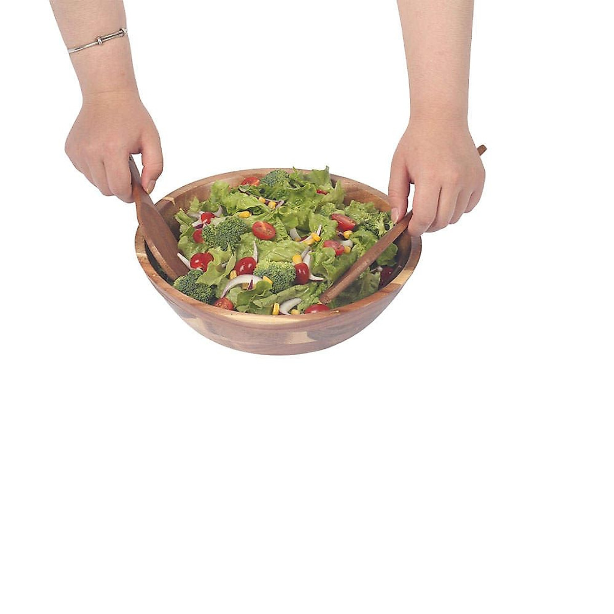 MALL GLOBAL 3 Piece Acacia Wood Salad Serving Bowl Set, Large Bowl for Fruit, Big Wooden Mixing Bowl for Kitchen, Big Salad Bowl with Serving Utensils.