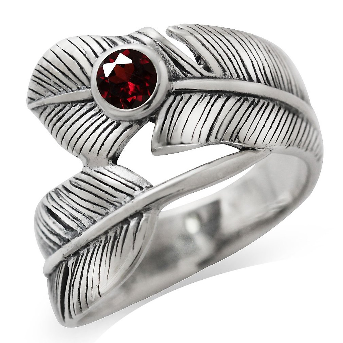 Silvershake Natural Garnet 925 Sterling Silver Bypass Feather Ring Size 8