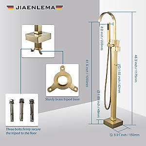 Waterfall Floor Mount Freestanding Bathtub Faucet Brushed Gold Single Handle Freestanding Tub Faucet Brass Tub Filler Tub Shower Faucet with Hand Shower 59in Hose Bathtub & Shower Systems JIAENLEMA
