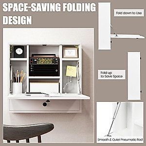 IFANNY Folding Wall Desk, Wood Wall Mounted Desk with Storage Drawer and Shelves, Fold Down Wall Mount Laptop Desk, Corner Floating Desk for Small Spaces (White)