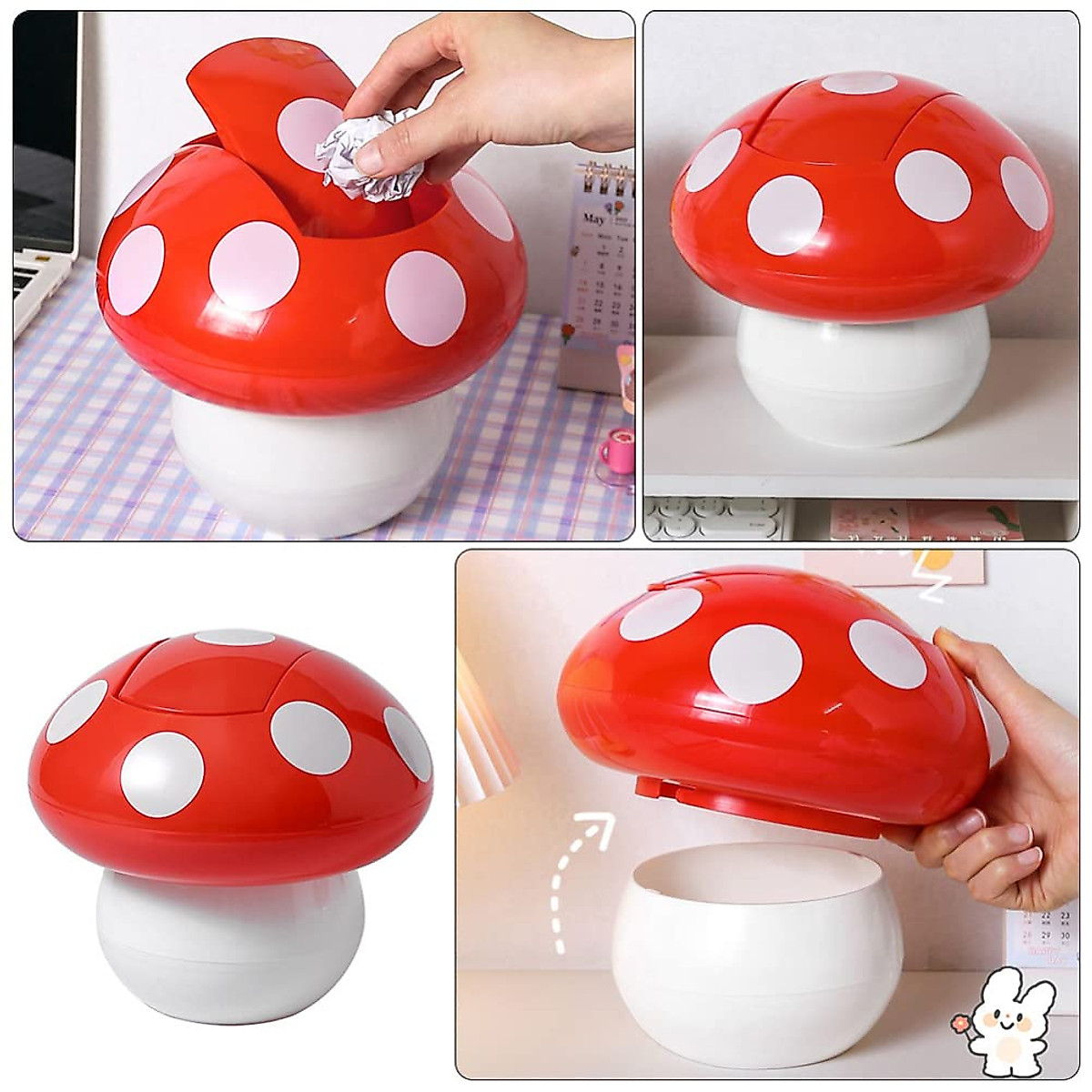 Healeved Small Trash Can for Desktop, Mushroom Trash Can Mini Adorable Trash Can with Lid Tabletop Trash Can