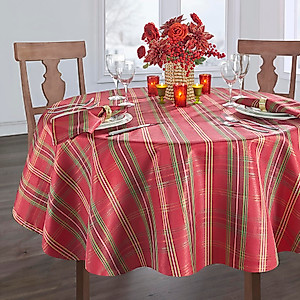 Elrene Home Fashions Shimmering Plaid Holiday Fabric Tablecloth, 60" x 84" Oval, Red