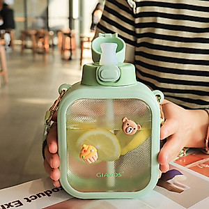 MLAFE Kawaii Square Mug Lovely Large Capacity Outdoor Water Bottle 700ML Portable Drinking Cup With Straw Water Bottle (green)