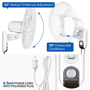 HealSmart Digital Household Wall Mount Fans 16 Inch Adjustable Tilt, 90 Degree, 3 Speed Settings, White
