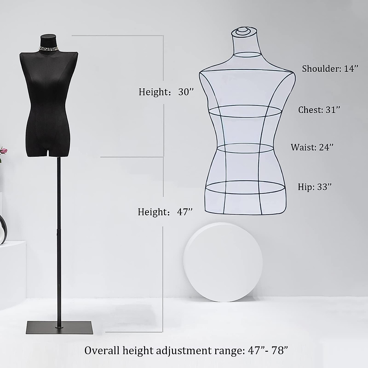 Female Dress Form Mannequin Torso, Adjustable Height 47-78 inch, Manikin Body Model with Rectangle Metal Base, Detachable Arms & Head, for Clothing Dress Jewelry Display Sewing