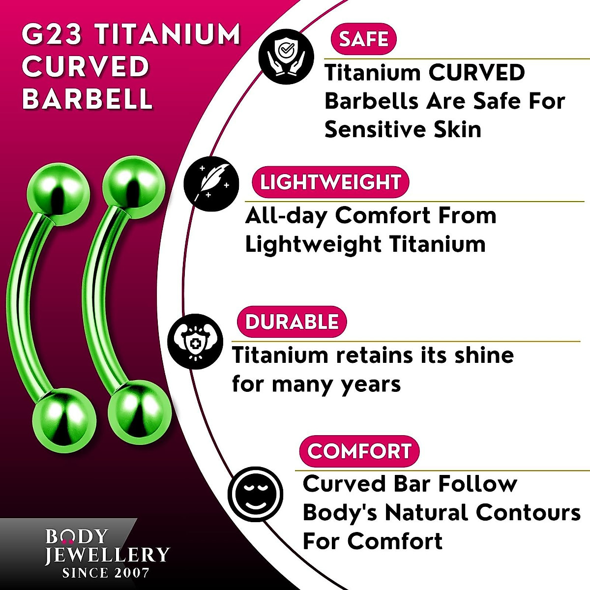 bodyjewellery 2pcs 16g Curved Barbell Bar Green Titanium Eyebrow Cartilage Helix Conch Ring Bar Stud Rook Lip Earrings Tragus B2MCH