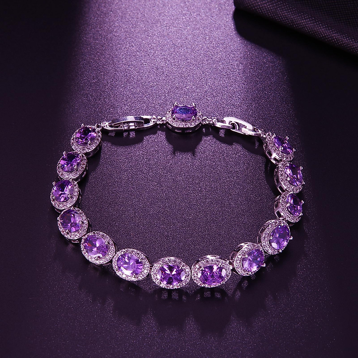 Hermosa Elegant Oval Gemstone Silver Bangle Bracelet with 1-Inch Extender Chain | Adjustable 7-8 Inches | Hypoallergenic Jewelry Gift for Women(Amethyst)