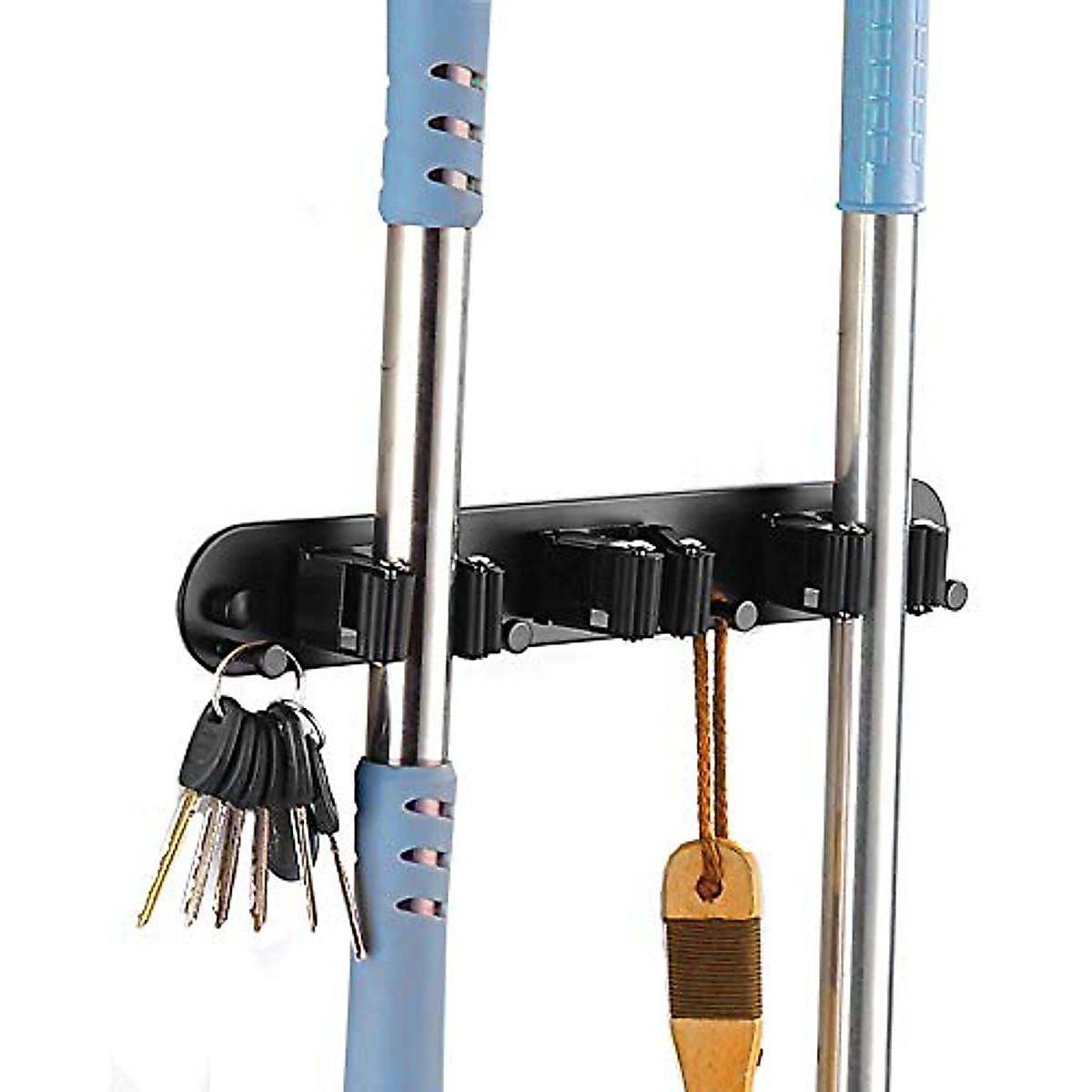 Ascotahoo Bathroom Organizer Broom Mop Holder,mop and Broom Rack Wall Mount with Stainless Steel 3 Racks 4 Hooks for Kitchen Bathroom Office Closet Garden, Black Color