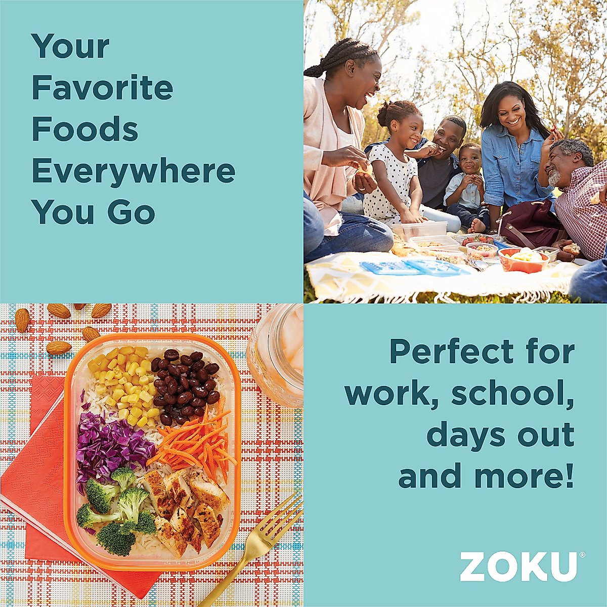 ZOKU - Nested Food Storage Container with Freezer Pack, Leak Proof with Airtight Lids, for Sandwiches, Lunches, Leftovers and more, Easy to Clean, Reusable, BPA Free (Neat Stack) (3 Piece)