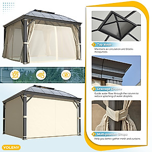 YOLENY 12'x12' Hardtop Gazebo, Permanent Outdoor Aluminum Patio Gazebo with Aluminum Composite Double Arc Roof for Patio Lawn and Garden, Curtains and Netting Included