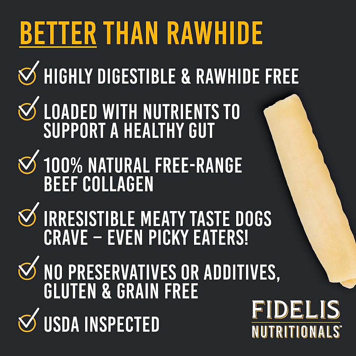 FIDELIS Rawhide-Free Treat Sticks, Long Lasting, Collagen Dog Chews, Treats, Small & Large Dogs, Beef Collagen, Gluten-Free, Grain-Free, Dog Chew, Bones-Alternative, Made in USA, 4pk, Beef, 7"