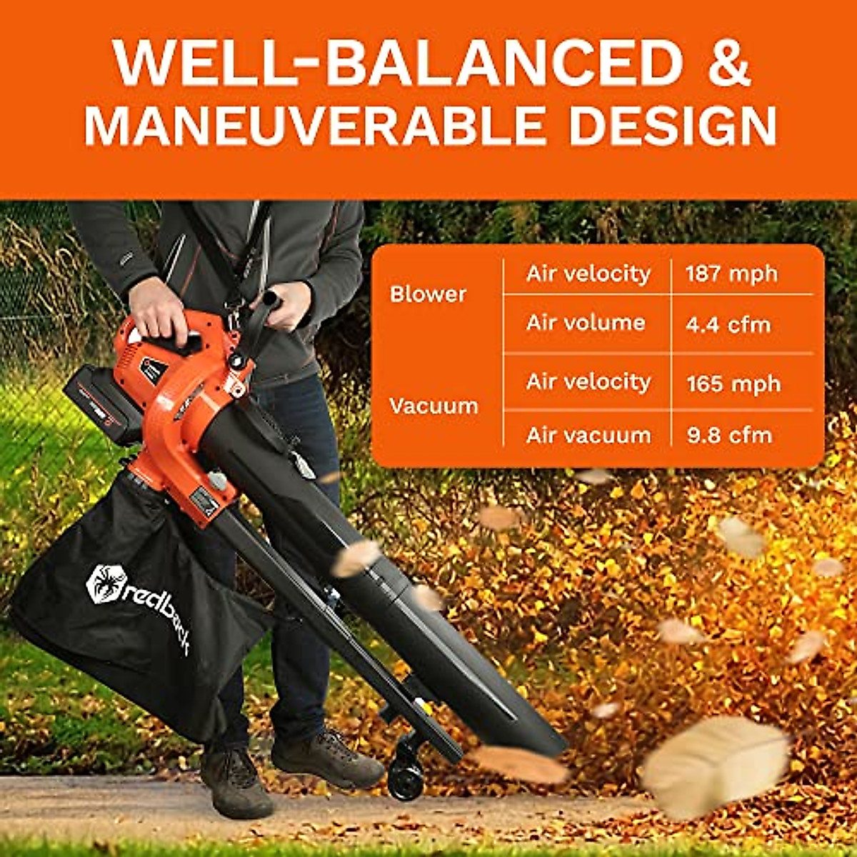 Redback Leaf Blower Vacuum Battery Powered Blower for Cleaning Up Small Garden Debris Cordless Lawn Vacuum with Powerful Mulcher Modern Lawn Care Equipment Tool Only EV48OD