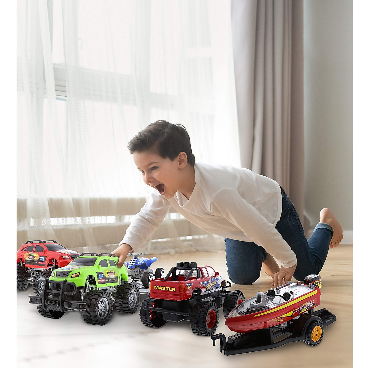 Mozlly Bundle of 2 Friction Powered Monster Trucks with ATV Trailer Playset, Push Powered Monster Truck with Speed Boat Transport Toys - Push & Go