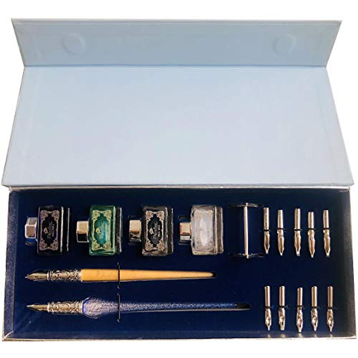 DAVELIOU 19-Piece Wizard Calligraphy Set for Beginners and Professionals, Creates Clean and Smooth Lines, Calligraphy Kit Includes Pens, Inks, Nibs, and Case (Blue & Silver)