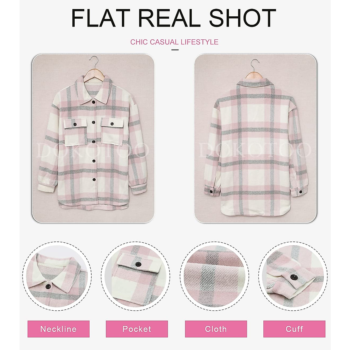 Dokotoo Womens Flannel Shirt Fashion Plaid Button Down Long Sleeve Shirts for Women Turn Down Collared Shacket Jacket Comfy Winter Coats for Ladies Tops with Pockets Pink Large