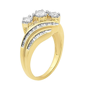 Jewelili 10K Yellow Gold 3/4 Cttw Natural White Baguette and Round Diamond 3 Stone Ring, Size 8