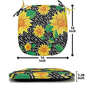 Lunarable Floral Chair Seating Cushion Set of 4, View of Sunflowers on a Background of Monochrome Stripes, Anti-Slip Seat Padding for Kitchen & Patio, 16"x16", Charcoal Grey Yellow
