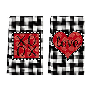 Artoid Mode Buffalo Plaid Love XOXO Kitchen Dish Towels, 18 x 26 Inch Seasonal Valentine's Day Anniversary Wedding Ultra Absorbent Drying Cloth Tea Towels for Cooking Baking Set of 2