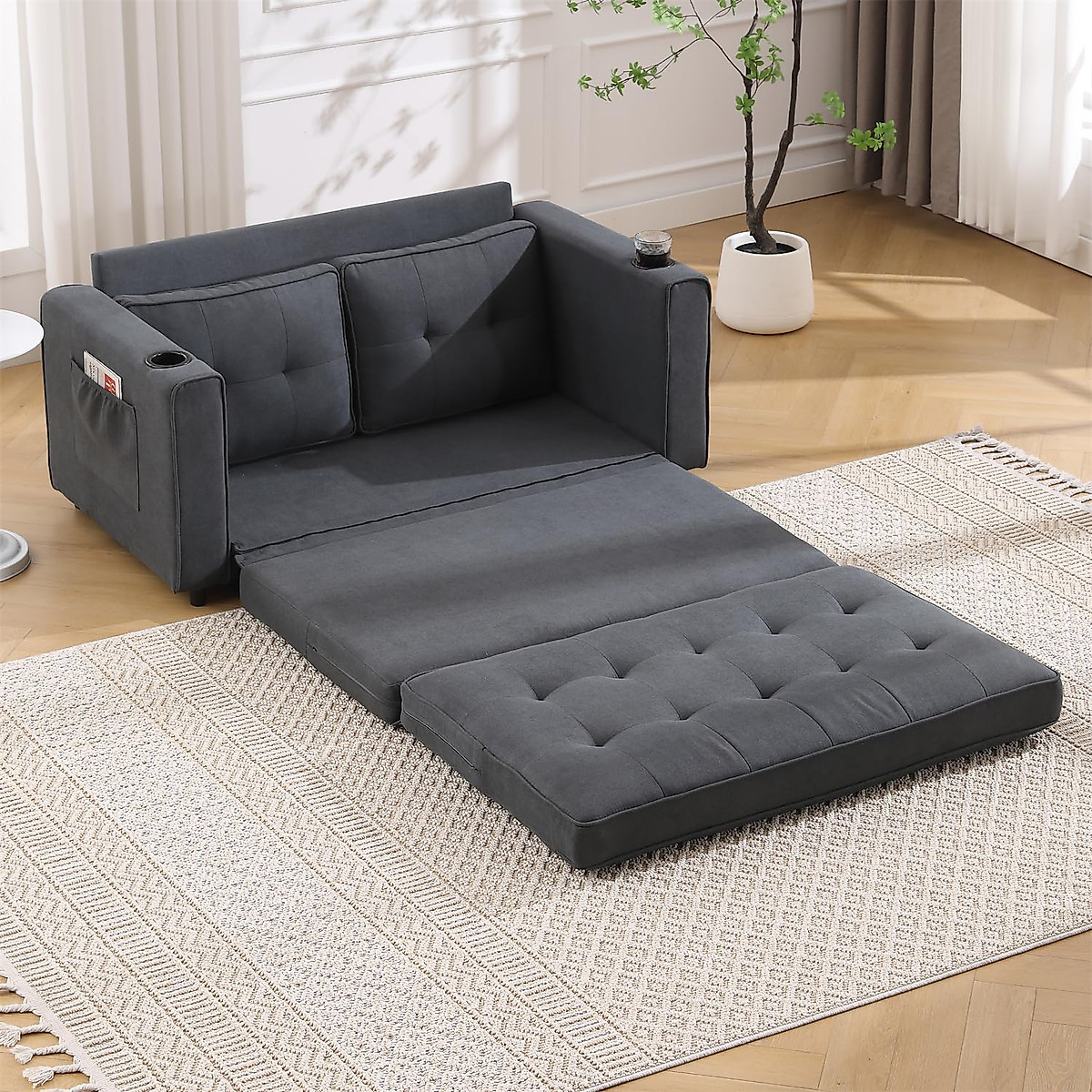 LUMISOL 55" Folding Floor Sofa Bed, Convertible Futon Sofa with Cup Holders & Storage, Foldable Loveseat Sleeper Sofa Floor Gaming Couch for Living Room Small Space, Dark Grey
