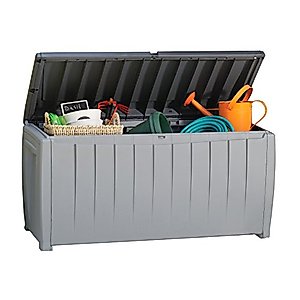 Keter Novel Plastic Deck Storage Container Box Outdoor Patio Garden Furniture 90 Gal, Black/Gray