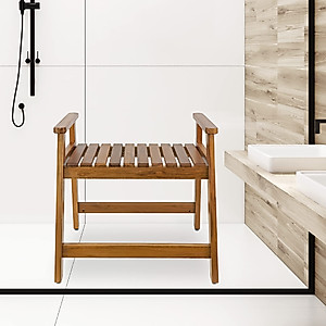 VaeFae Teak Shower Chair with Arms, 22" Shower Bench, Spa Bath Seat for Bathroom, Wooden Shower Stool for Inside Shower