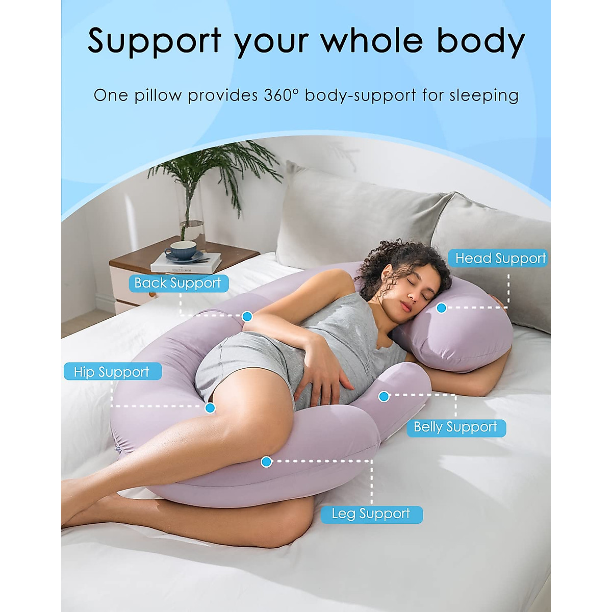 QUEEN ROSE Cooling Pregnancy Pillows,E Shaped Full Body Pillow for Sleeping, with Pregnancy Wedge Pillow for Belly Support, 60 Inch Maternity Pillow for Side Sleeper, Cooling Rayon Cover, Purple