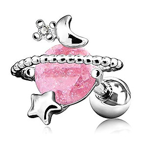 OUFER 16G Cartilage Earrings, 316L Surgical Steel Helix Earring Studs, Star Moon Pink Stone Saturn Planet Tragus Earrings For Women And Men