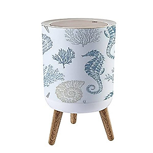 Small Trash Can with Lid Marine hand drawn sea shells stars seahorse coral Highly detailed Round Garbage Can Press Cover Wastebasket Wood Waste Bin for Bathroom Kitchen Office 7L/1.8 Gallon