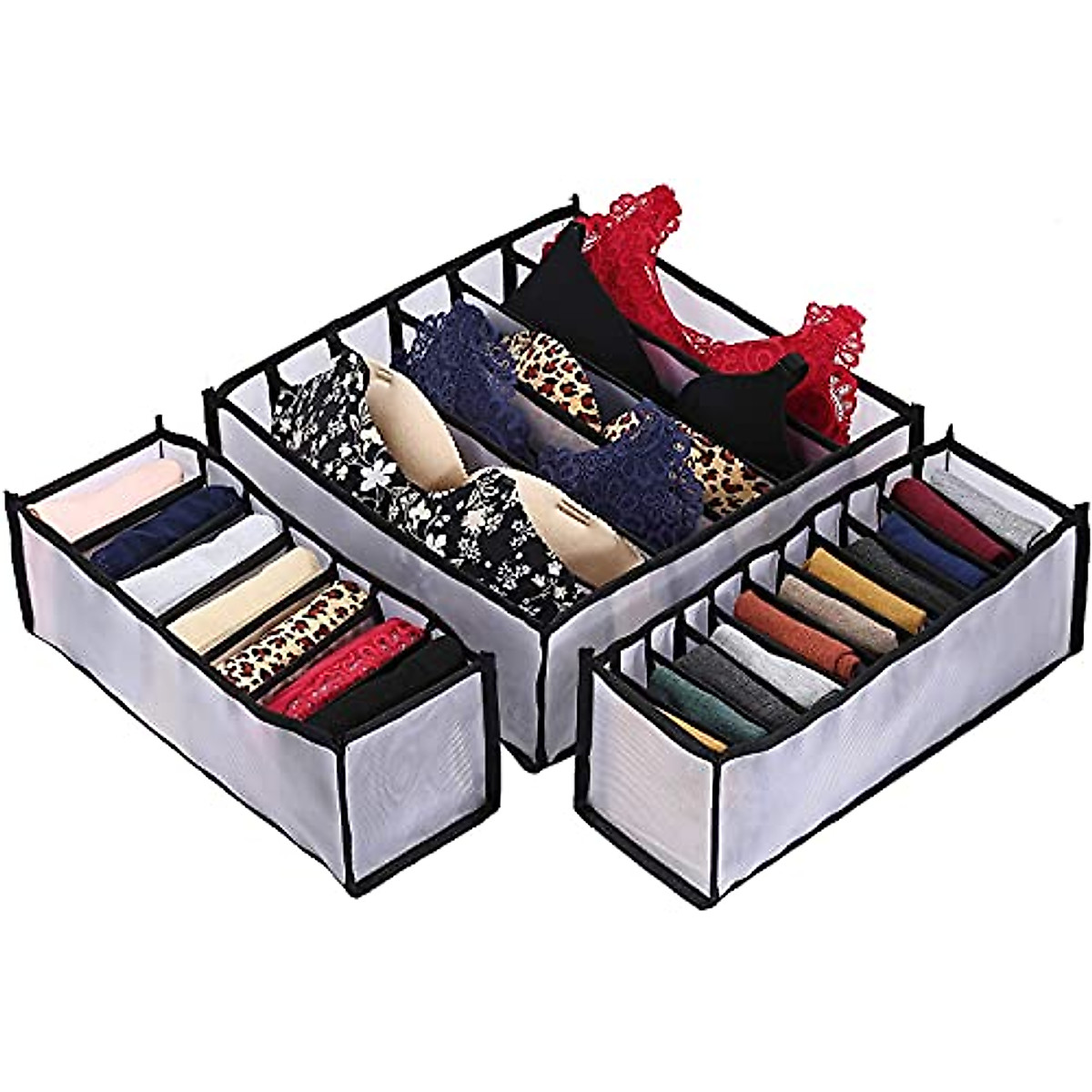 Upwsma Underwear Drawer Organizer Set, Foldable Underwear Storage Divider Boxes Includes 6/7/11 Cell Collapsible Closet Compartments for Socks, Bras, Underwear, Ties, Lingerie, Scarves (Black, 3 Set)