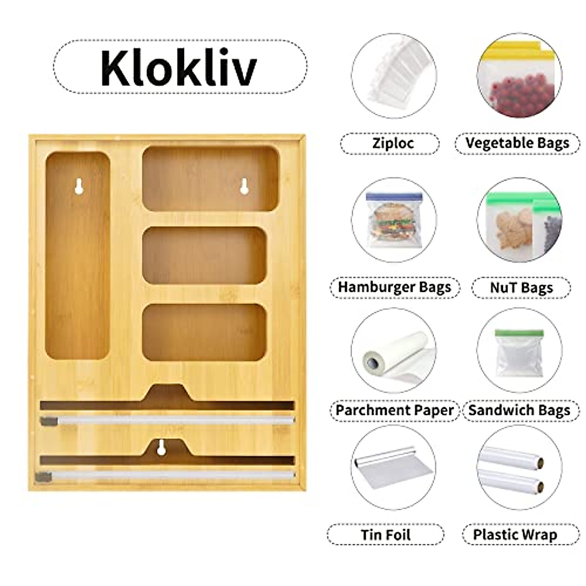 Klokliv Bamboo Ziplock Bag Storage Organizer with Sliding Lid,Foil and Plastic Wrap Organizer, Bamboo Aluminum Foil Dispenser With Cutter, 6 In 1 Sandwich Bag Organizer