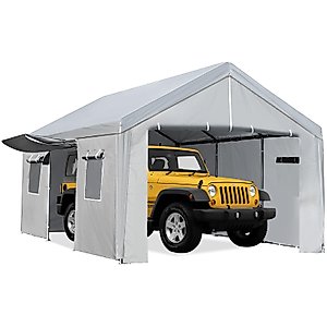ACONEE Carport 10×20 FT Portable Garage, Heavy Duty Car Port Canopy with Roll-up Doors & Ventilated Windows, Galvanized Steel Frame, Boat Shelter Tent Waterproof All-Season Tarp for Pickup Truck, Grey